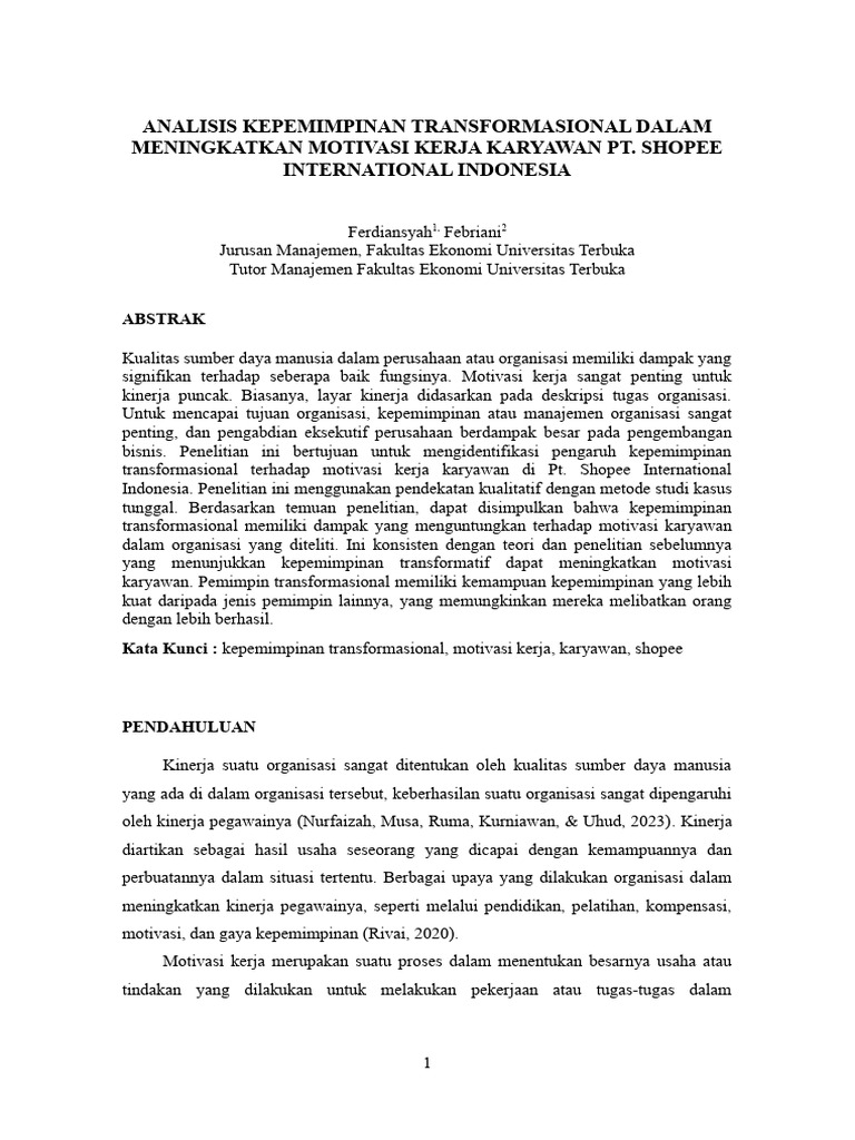 Analisis Kepemimpinan Transformasional Dalam Meningkatkan Motivasi Kerja Karyawan PT | PDF