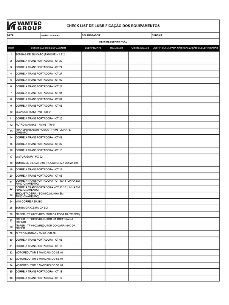 Check List - Lubrificação | PDF