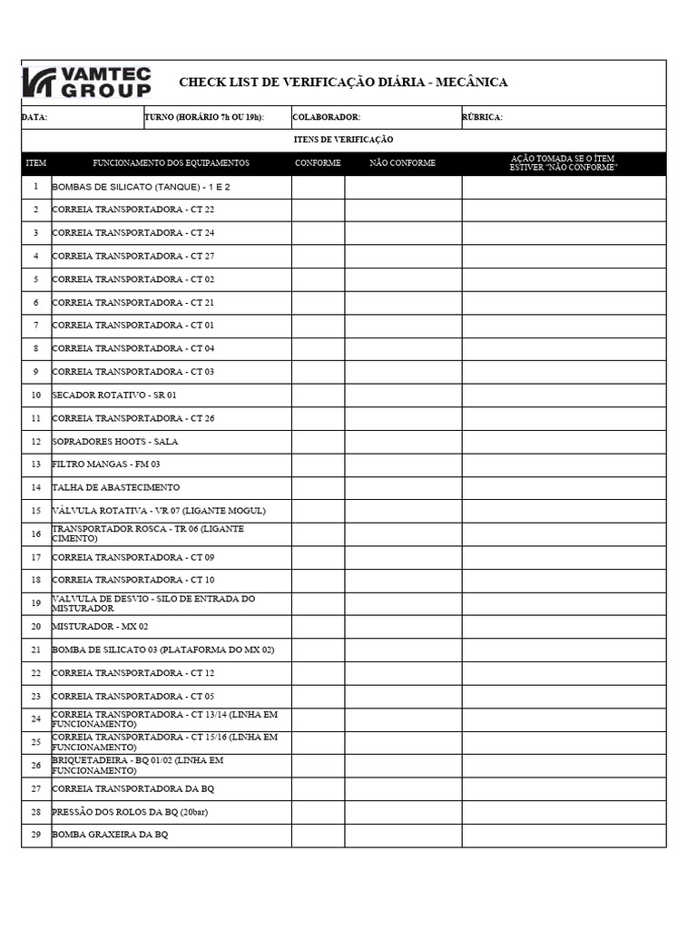Check List Diário - Inspeção | PDF | Tecnologia e Engenharia