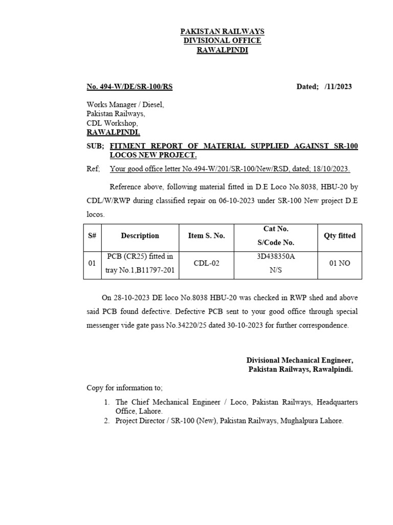 FITMENT REPORT OF MATERIAL SUPPLIED AGAINST SR-100 NEW PROJECT. SR 100 ...