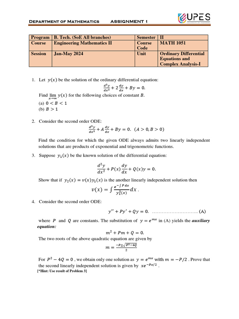 Ordinary Differential Equations Assignment | PDF | Ordinary Differential Equation | Equations