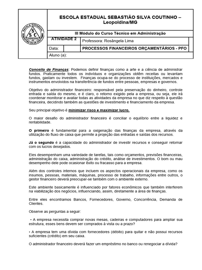 Atividade 2 - Pfo - Mod Iii - 2022 | PDF | Empréstimos | Investimentos
