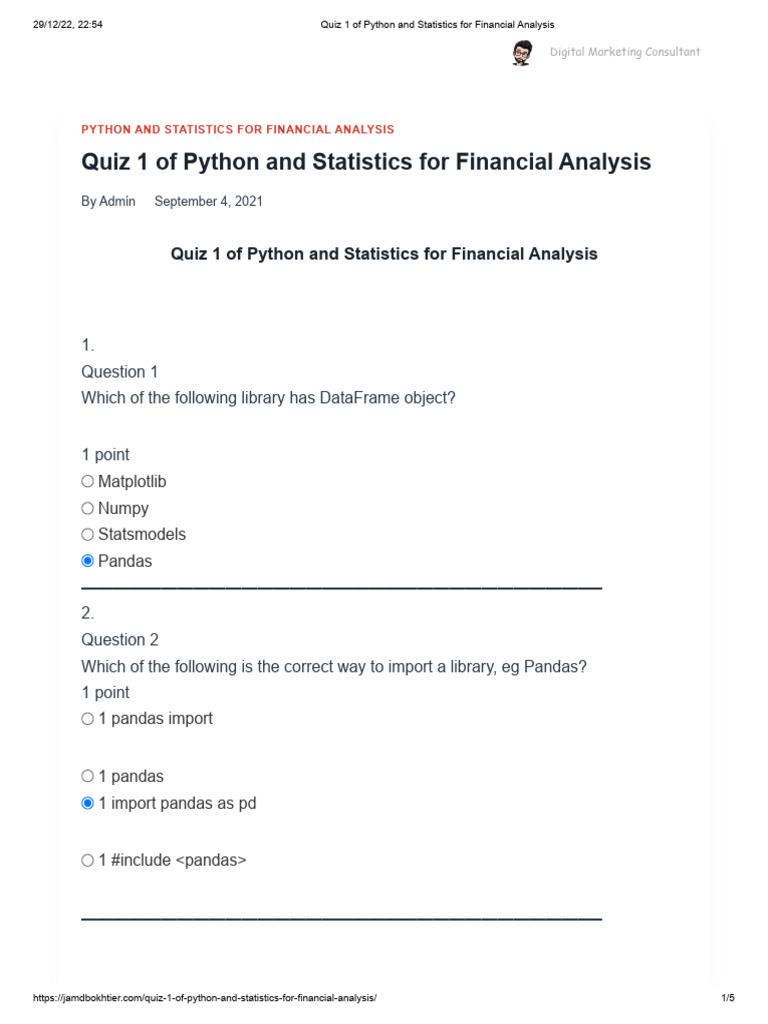 Quiz 1 of Python and Statistics For Financial Analysis | PDF | Moving Average | Private Sector