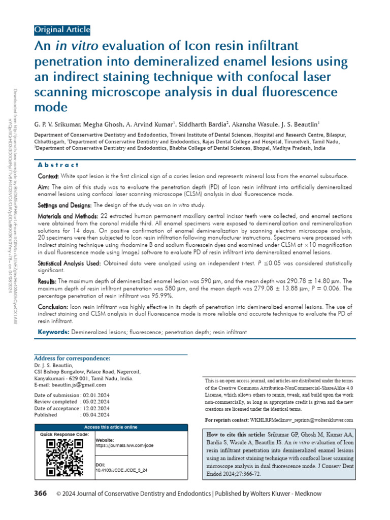 Dr. Megha Ghosh, An - in - Vitro - Evaluation - of - Icon - Resin - Infiltrant Penetration Into ...