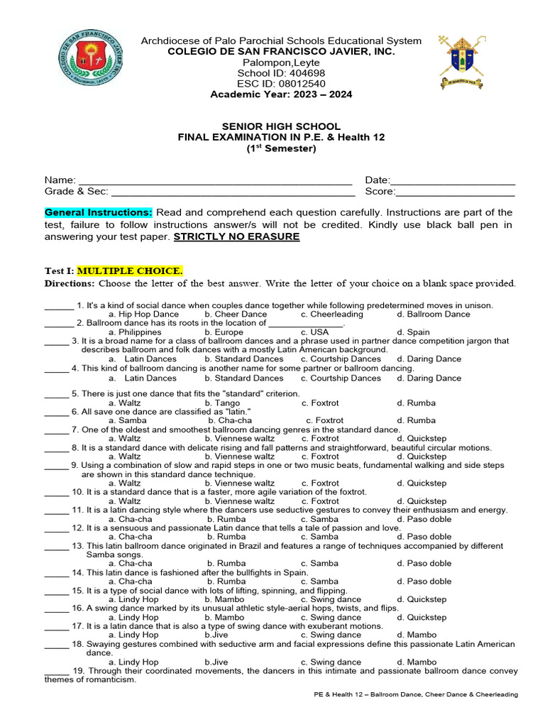 1stsem - Final Examination - PE12 | PDF | Ballroom Dance | Cheerleading