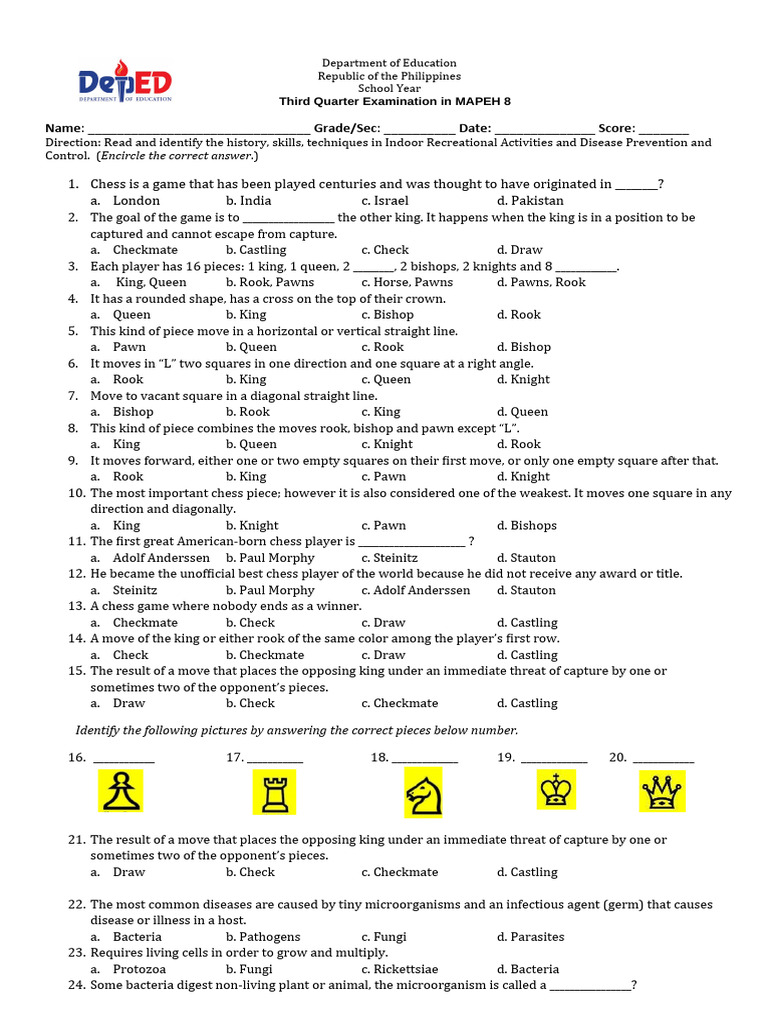 3RDQ G8 (P.e and Health) Exam | PDF | Parasitism | Chess