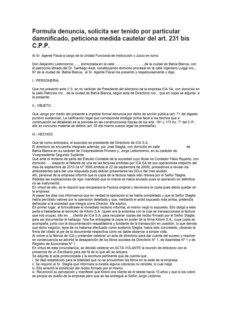 Formula Denuncia Solicita Tener Presentado Como Particulas Damnificado Medida Cautelar ...