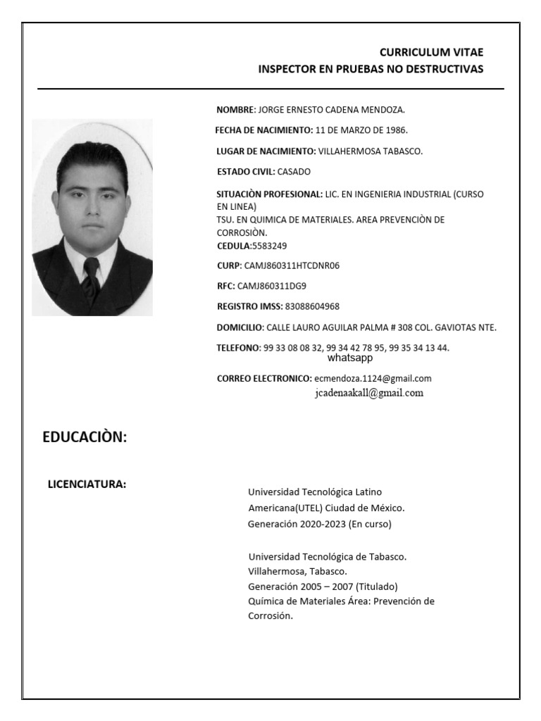 CV Inspector de Calidad: Jorge Cadena | PDF | Ultrasonido