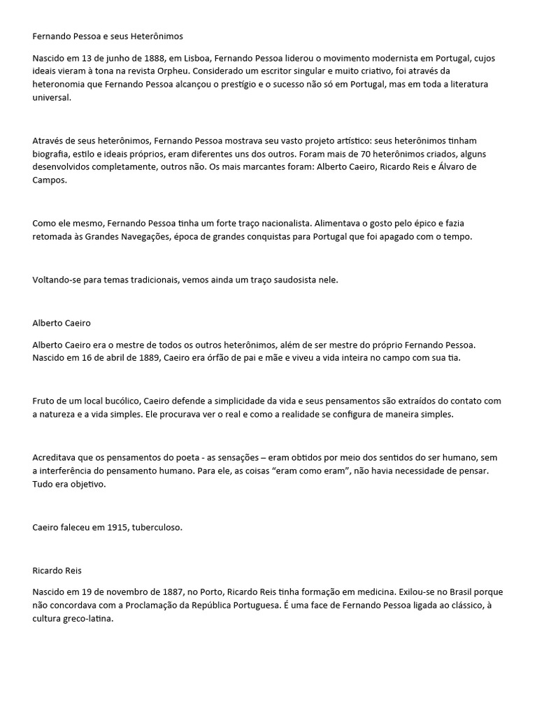 Fernando Pessoa e Seus Heterônimos | PDF