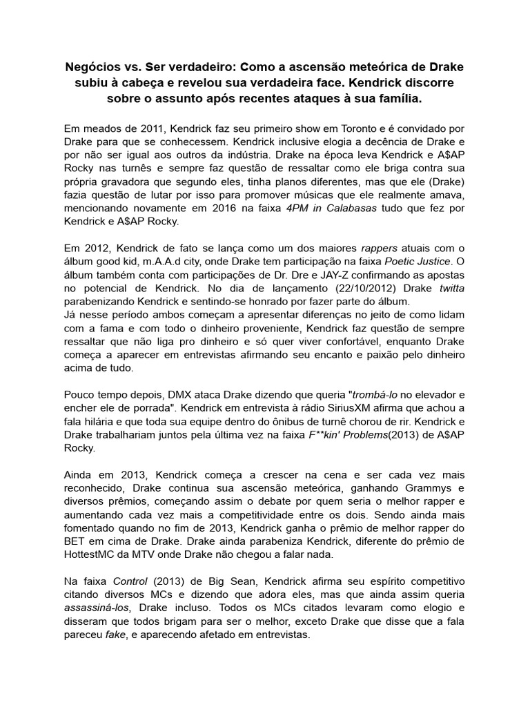 Kendrick Lamar vs. Drake | PDF | Drake (músico) | Rap (gênero musical)
