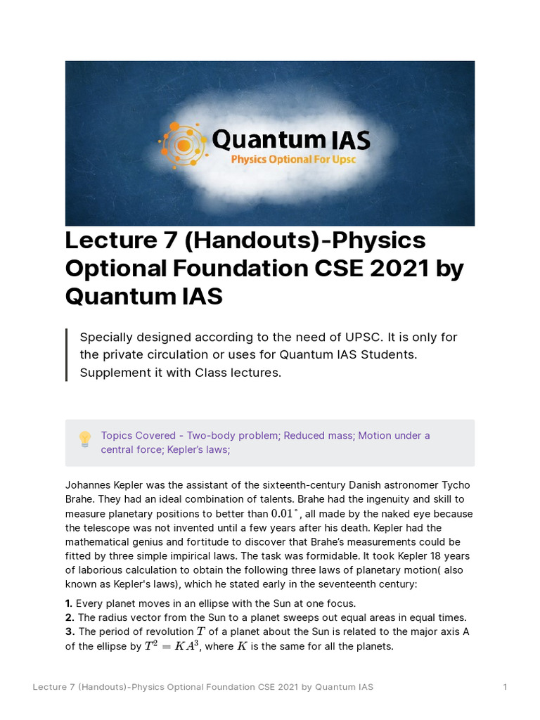 Lecture 7 Handouts Physics Optional Foundation Cse 2021 By Quantum
