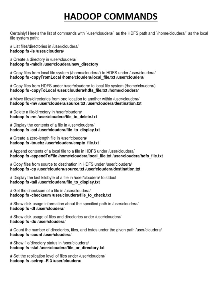 Hadoop Commands | PDF | Computer File | Text File Hadoop Commands | PDF | Computer File | Text File