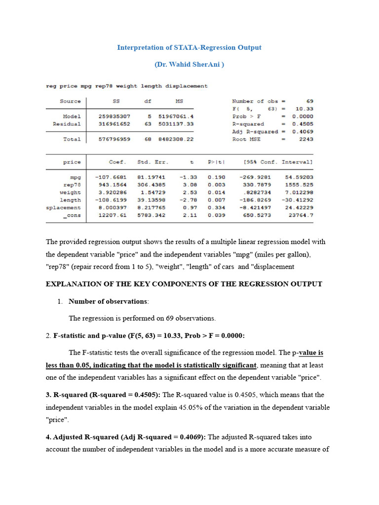 Interpreting STATA Regression Output | PDF | Coefficient Of ...