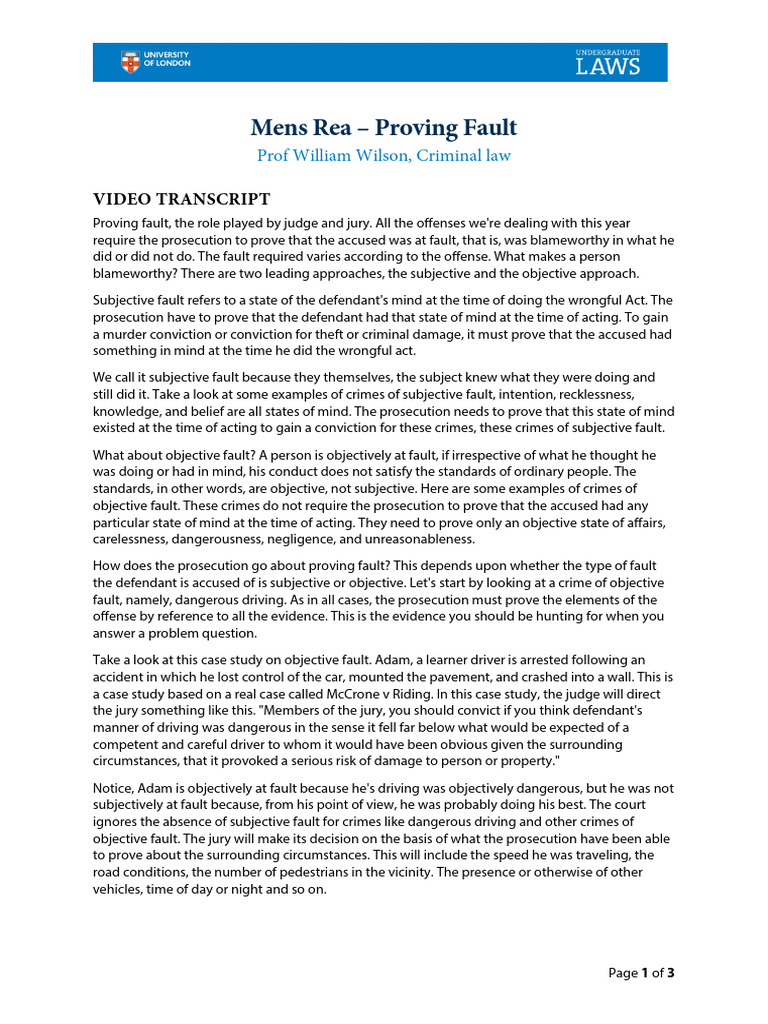 Ch5 Mens Rea Transcript | PDF | Mens Rea | Recklessness (Law)
