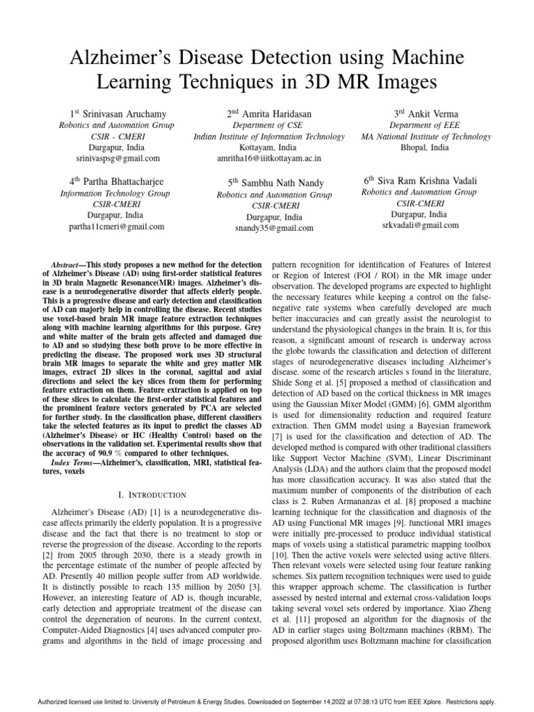 Alzheimers Disease Detection Using Machine Learning Techniques In 3d Mr