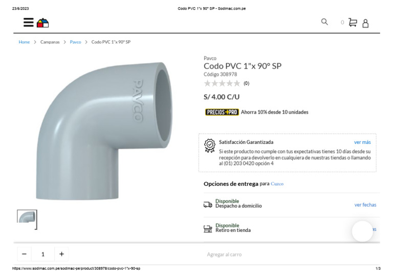 Codo PVC 1 - X 90° SP - Sodimac - Com.pe | PDF