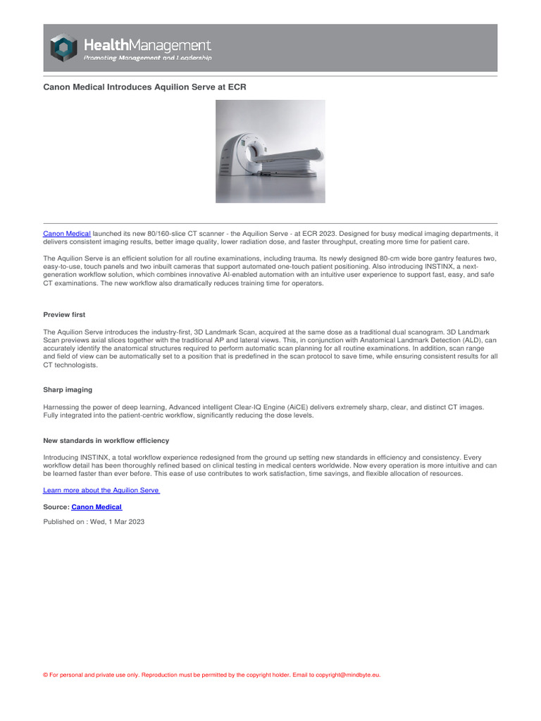 Canon Medical Introduces Aquilion Serve at Ecr | PDF