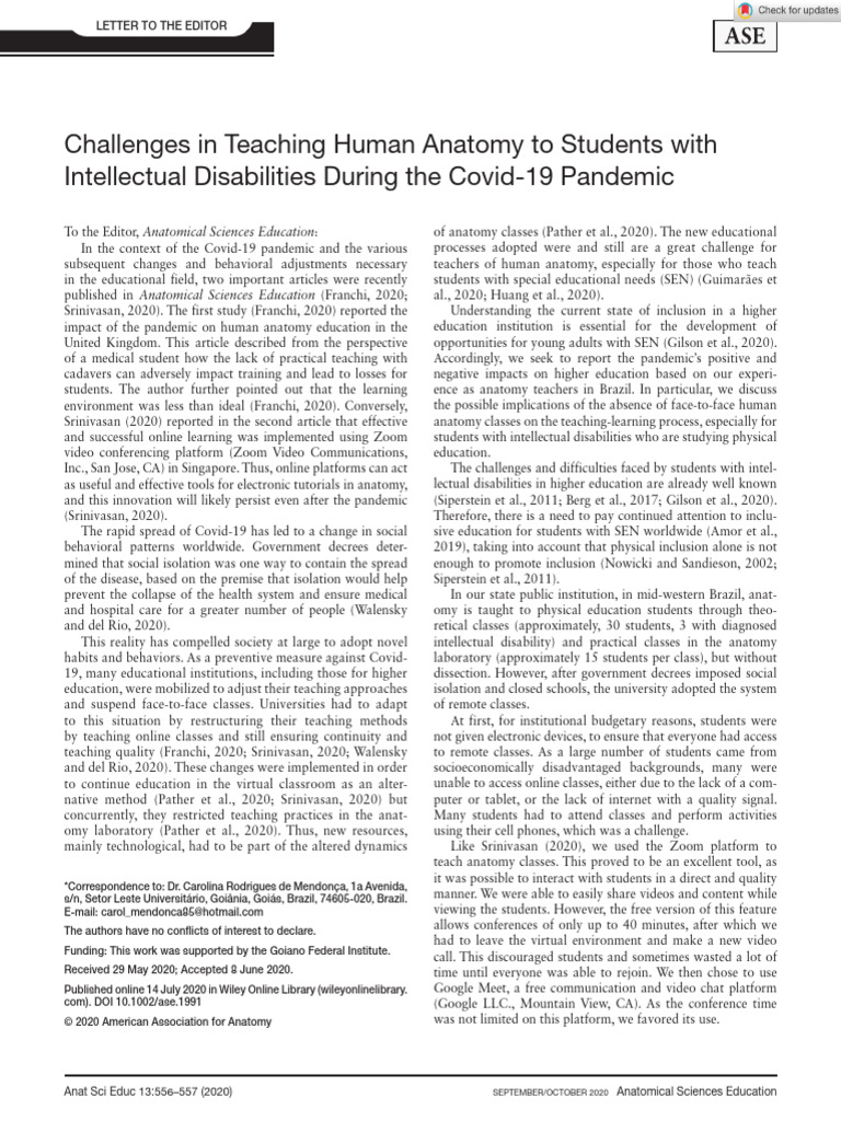 Anatomical Sciences Ed - 2020 - Pacheco - Challenges in Teaching Human ...