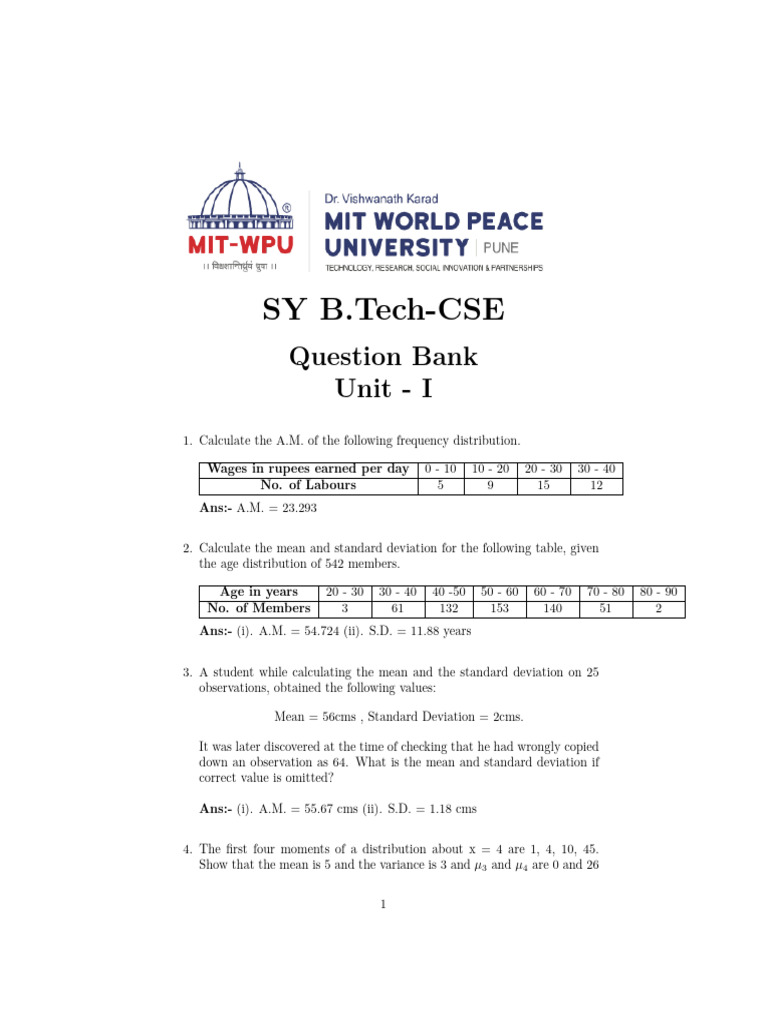 BTech CSE (Question Bank) | PDF | Skewness | Mean BTech CSE (Question Bank) | PDF | Skewness | Mean