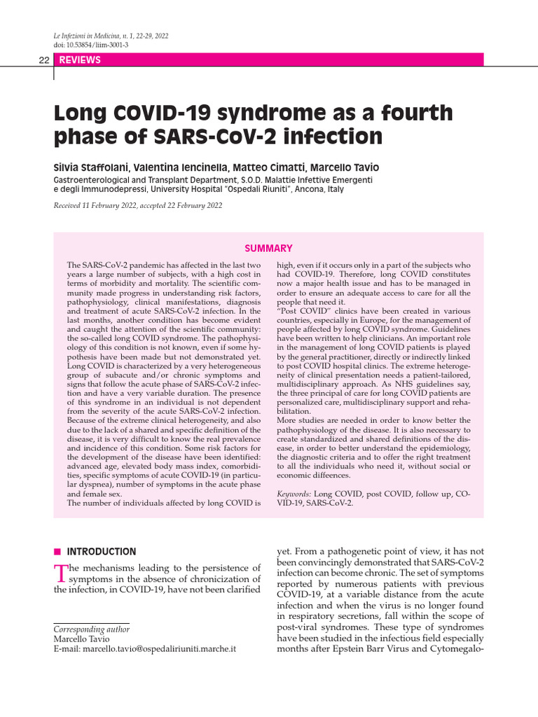 Long COVID19 Syndrome As A Fourth Phase of SARSCoV2 Infection - 2022 ...