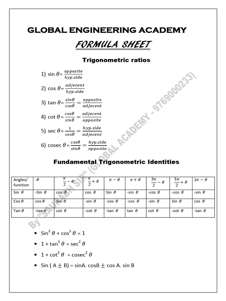 Formula Sheet12 New | PDF | Trigonometric Functions | Geometric Measurement