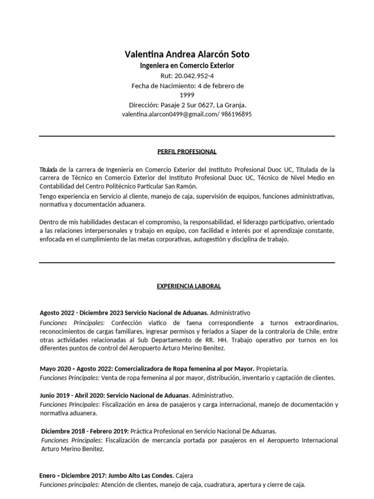 Curriculum Vitae Valentina Alarcon Soto | PDF | aduana | Business