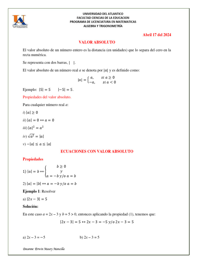 12 Ecuaciones Con Valor Absoluto | PDF | Ecuaciones | Conceptos matemáticos