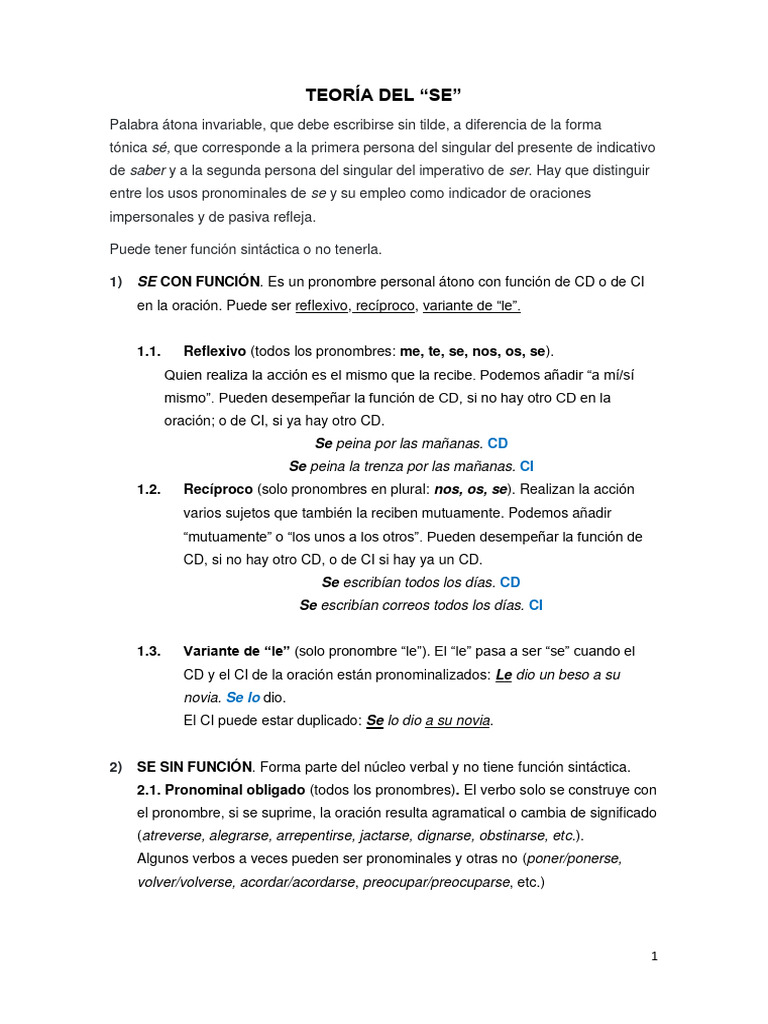 Teoría Del Se | PDF | Pronombre | Verbo