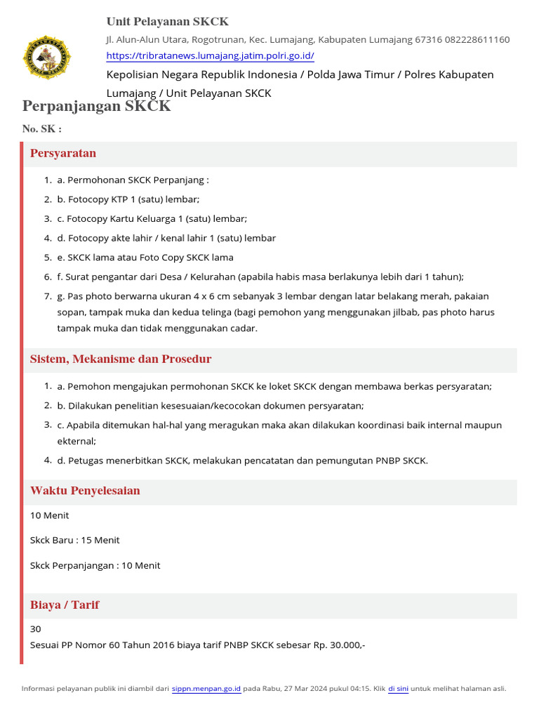 Unduh Standar Pelayanan - Perpanjangan SKCK | PDF