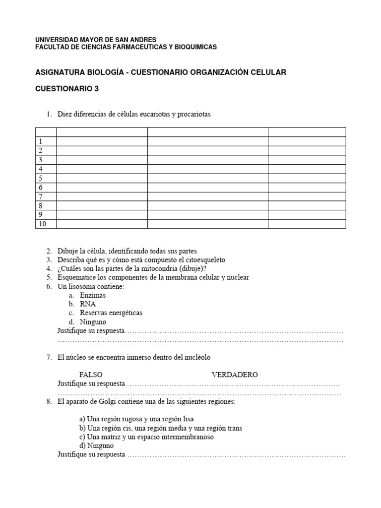 Cuestionario 3 Organización Celular - Biología | PDF | Citoplasma | Biología Celular)