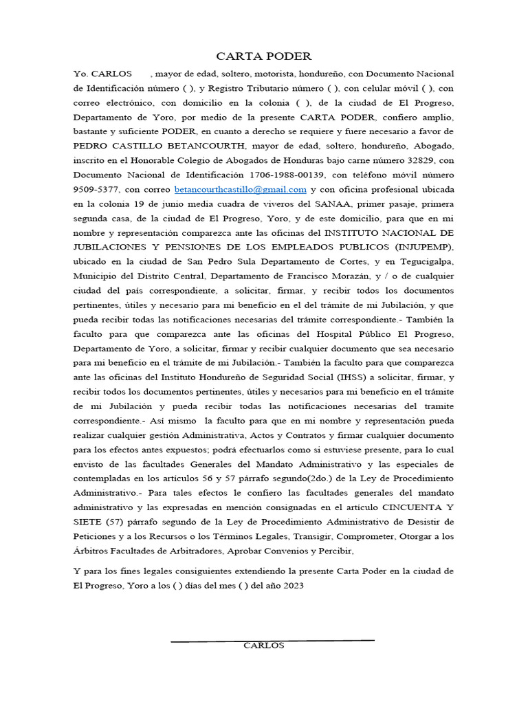 CARTA PODER INJUPEMP | PDF | Honduras | Gobierno