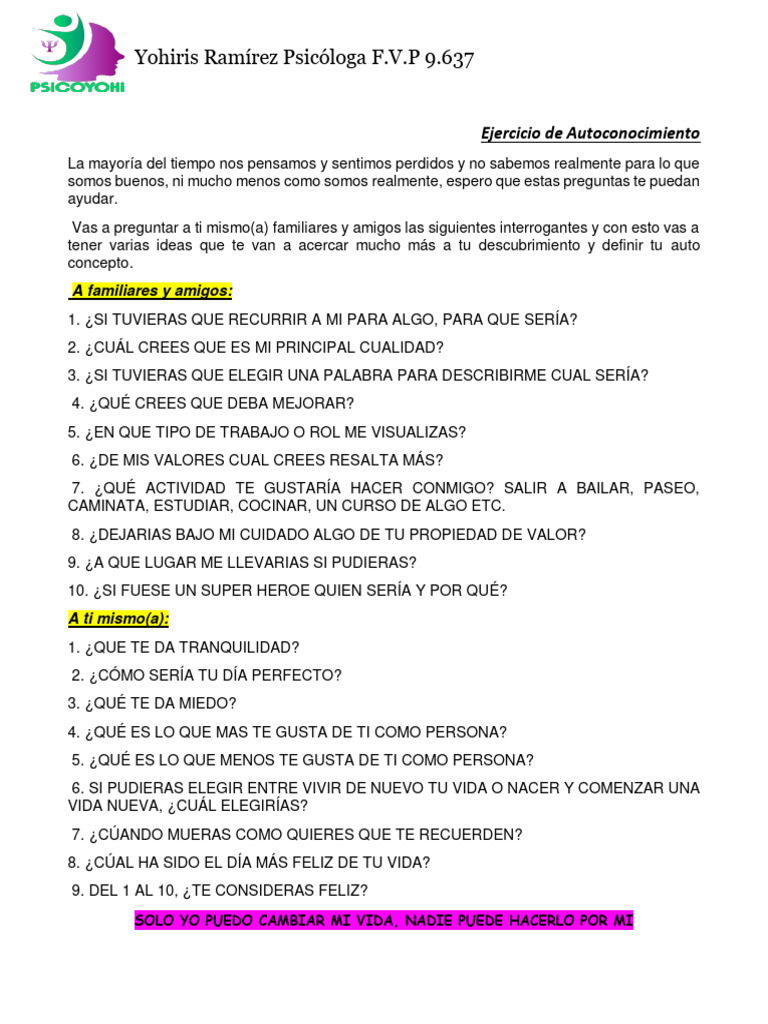 Ejercicio de Autoconocimiento | PDF | Crecimiento personal y ...