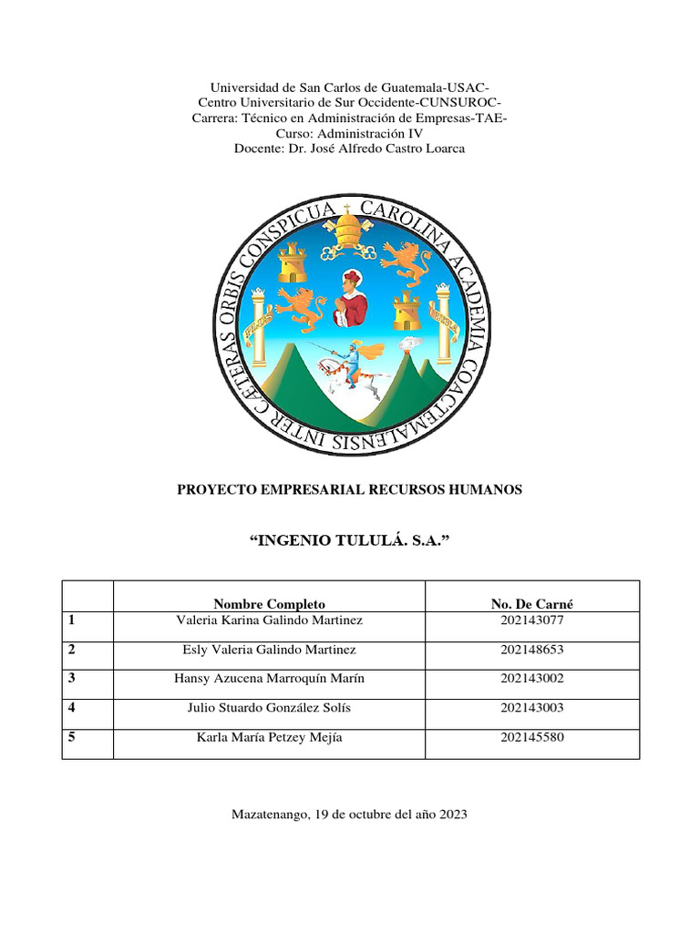 Proyecto-Ingenio Tululá-GRUPO | PDF | Gestión de recursos humanos | Caña de azúcar