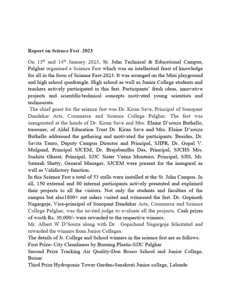 Science Fest - Report With Photos | PDF | Science | Cognition