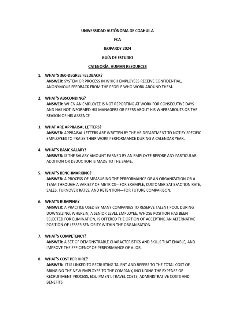 Jeopardy Study Guide-Human Resources | PDF | Employment | Workplace
