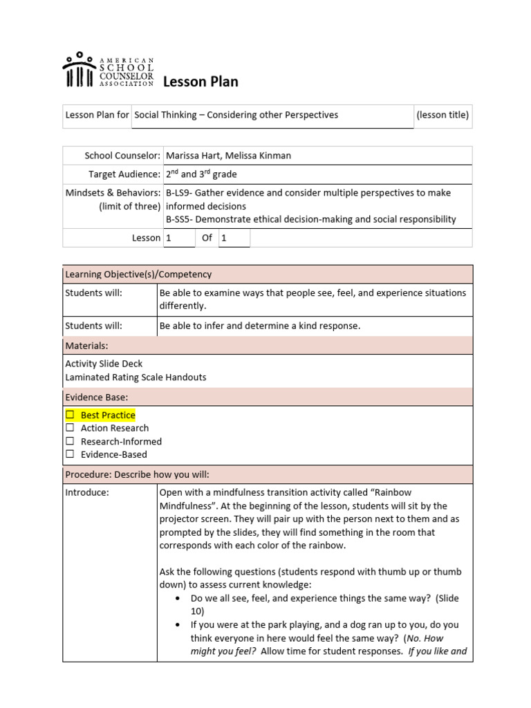 Psyc 640 Guidance Lesson Asca Template 1 | PDF | Experience | Thought