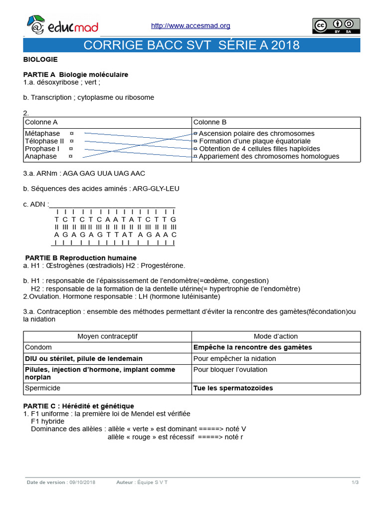 Corrigé Bac SVT Série A 2018 | PDF | Humain | Évolution humaine