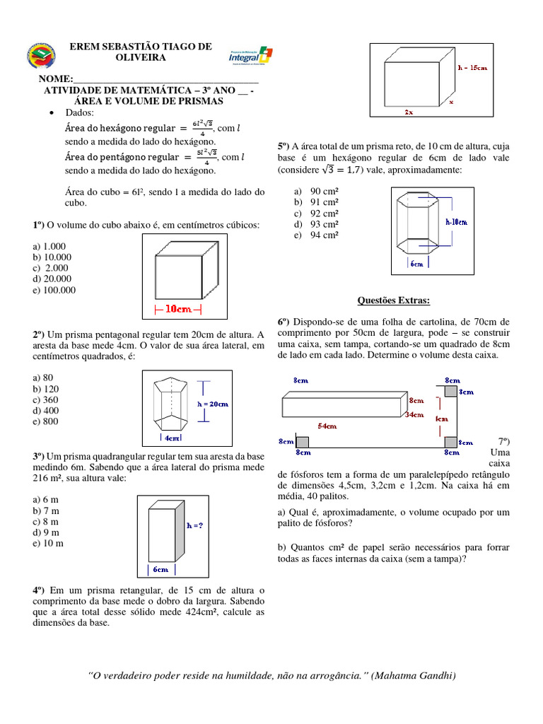 Volume e Área de Prismas Retangulares | PDF | Programação linear ...