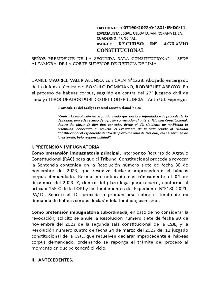 EXPEDIENTE Romulo Agravio | PDF | Habeas corpus | Ley procesal