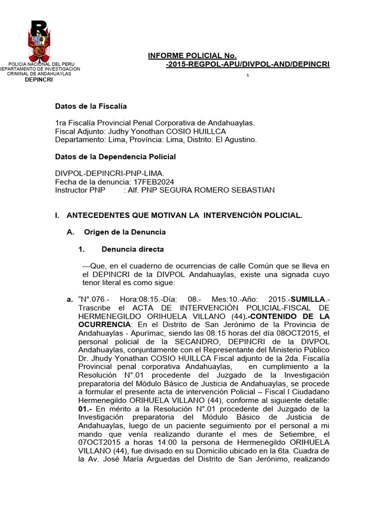 Informe Policial sobre Intervención en Andahuaylas | PDF | Fiscal ...