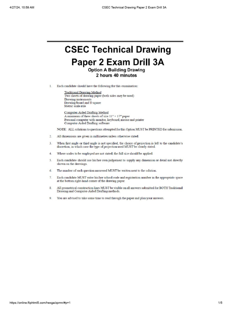 CSEC Technical Drawing Paper 2 Exam Drill 3A (2017) | PDF