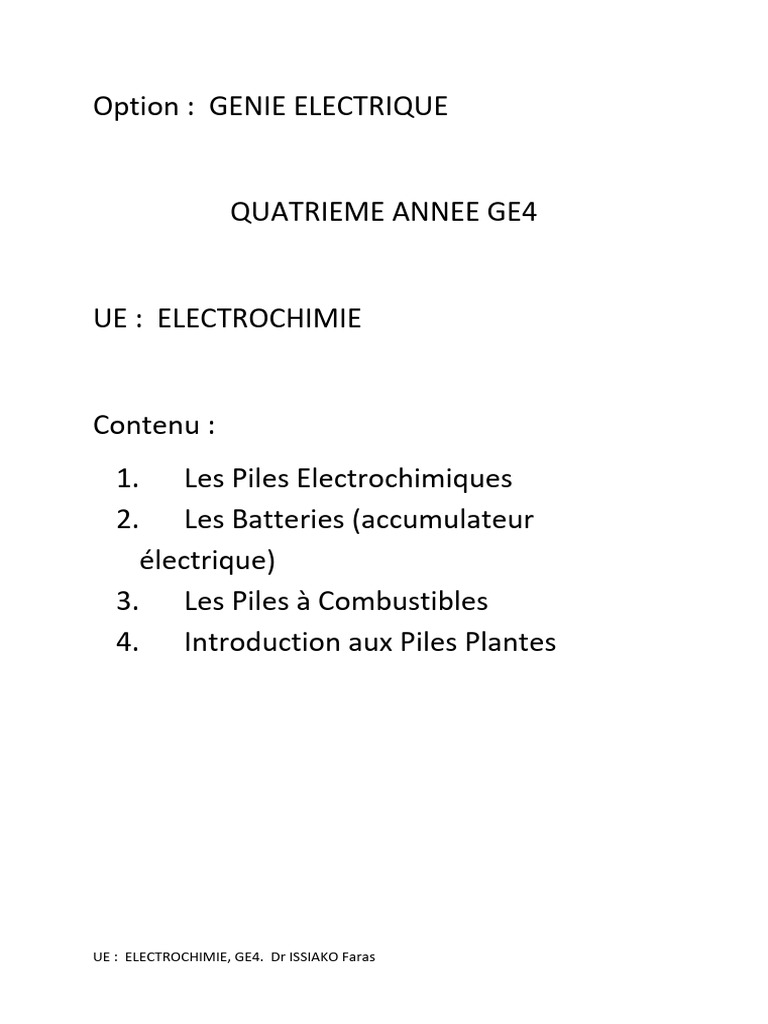 Introduction à l'électrochimie GE4 | PDF | Pile rechargeable | Électrochimie