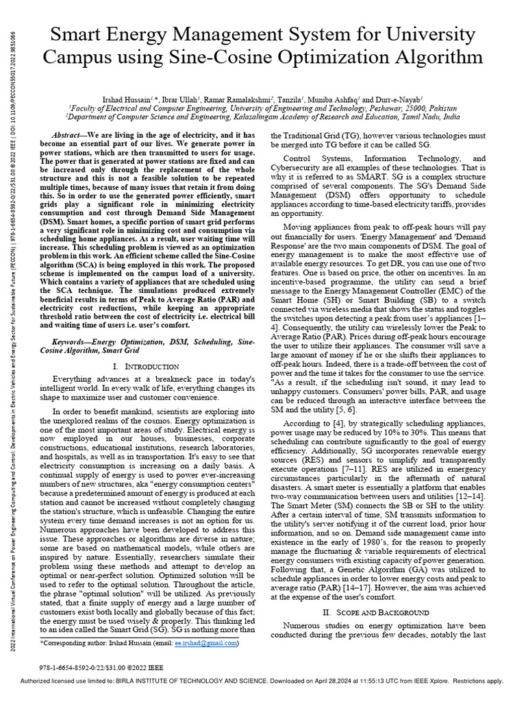 Smart Energy Management System For University Campus Using Sine-Cosine Optimization Algorithm ...