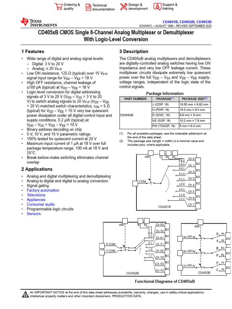 CD405xB CMOS Single 8-Channel Analog Multiplexer or Demultiplexer With Logic-Level Conversion ...
