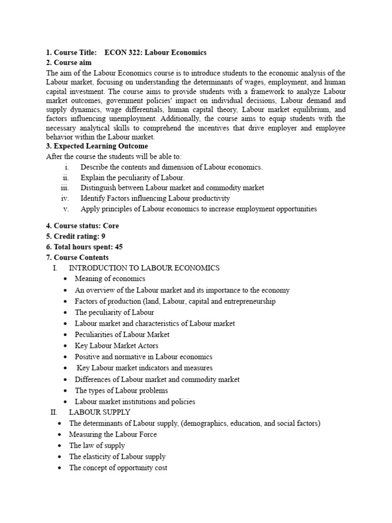 LABOUR ECONOMICS COURSE OUTLINE - Doc DETAILED1 | PDF | Labour ...