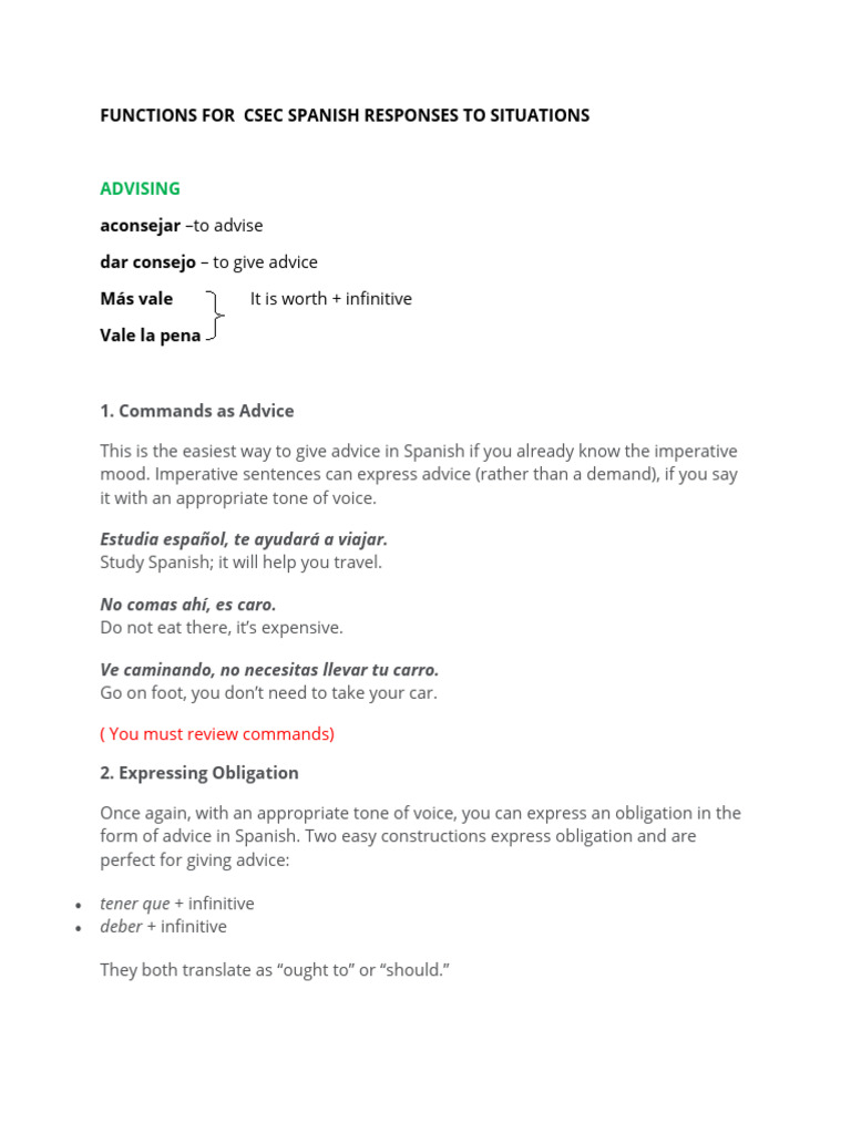 CSEC Spanish: Advice and Commands | PDF | Linguistic Typology | Linguistics