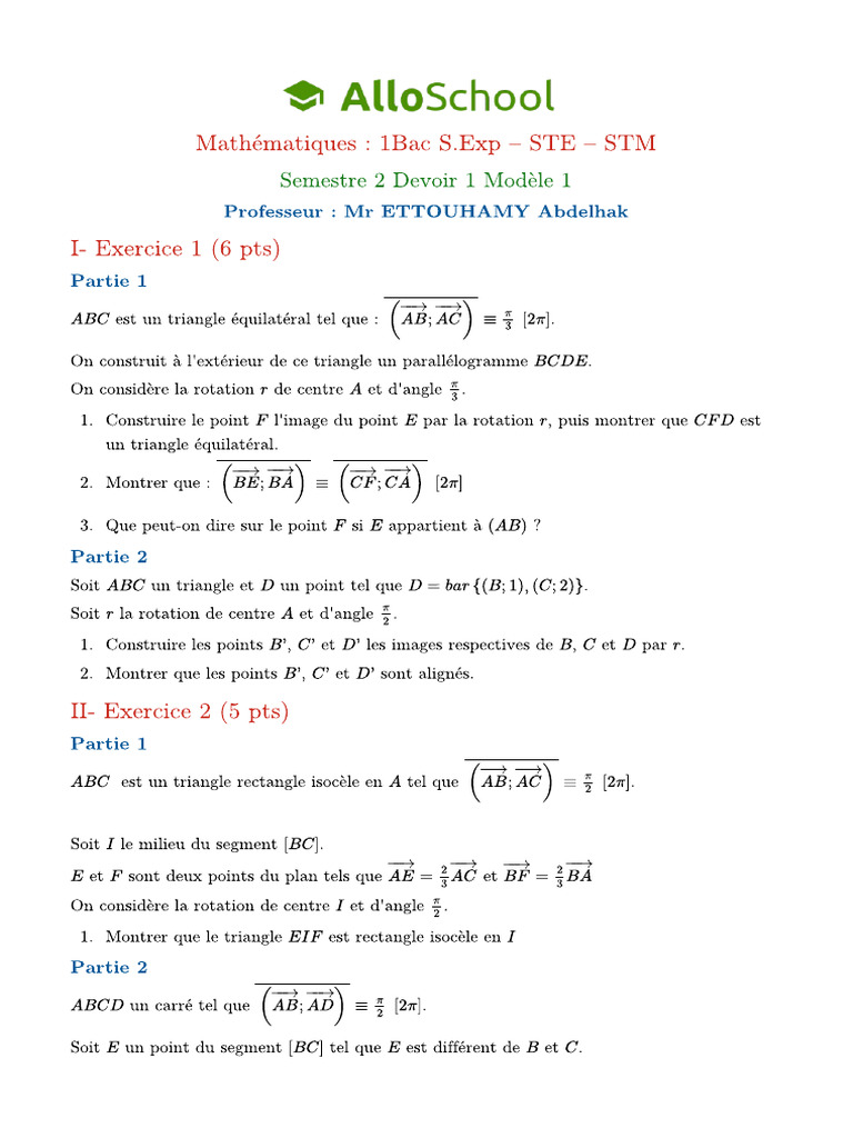 Math 1bac S Exp Semestre 2 Devoir 1 Modele 1 1 | PDF