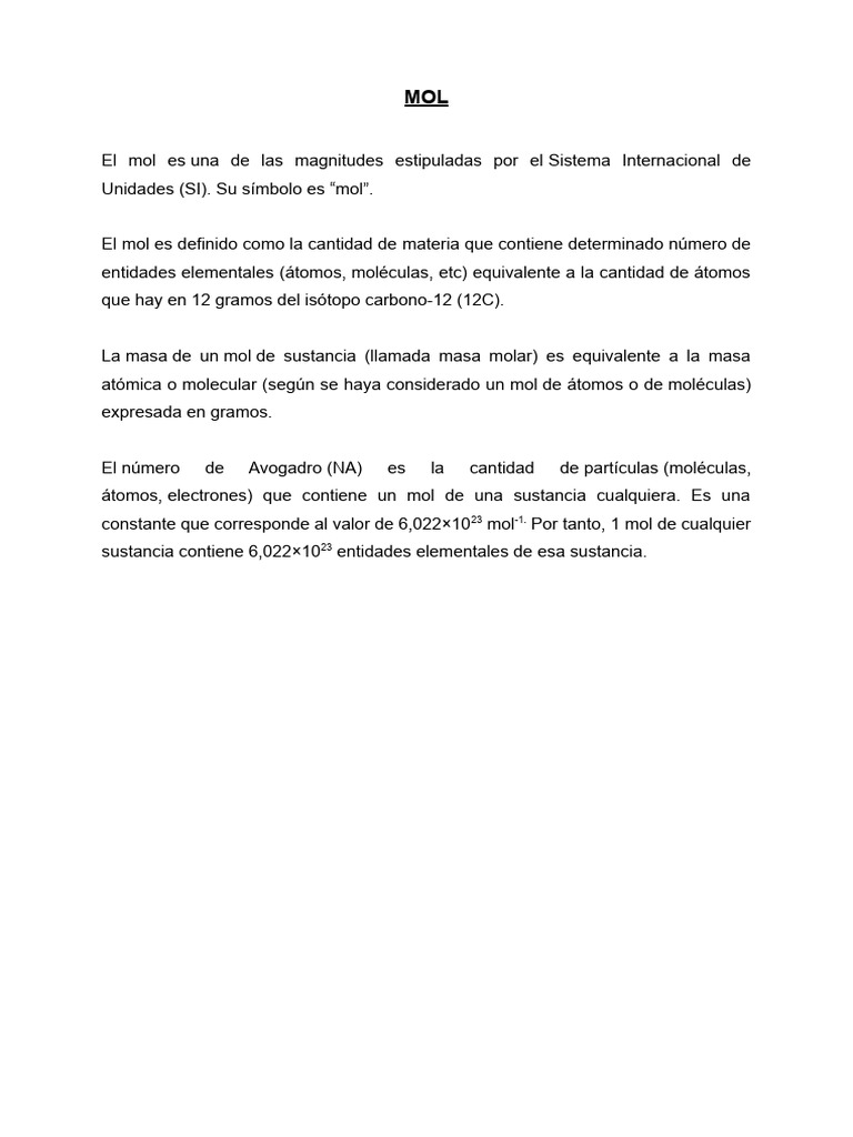 Definición y Cálculos de Moles en Química | PDF | Mole (Unidad ...