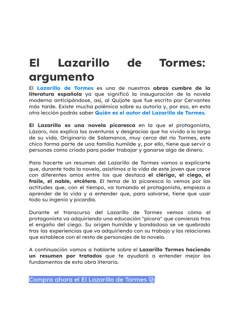Resumen Lazarillo de Tormes | PDF | Novelas