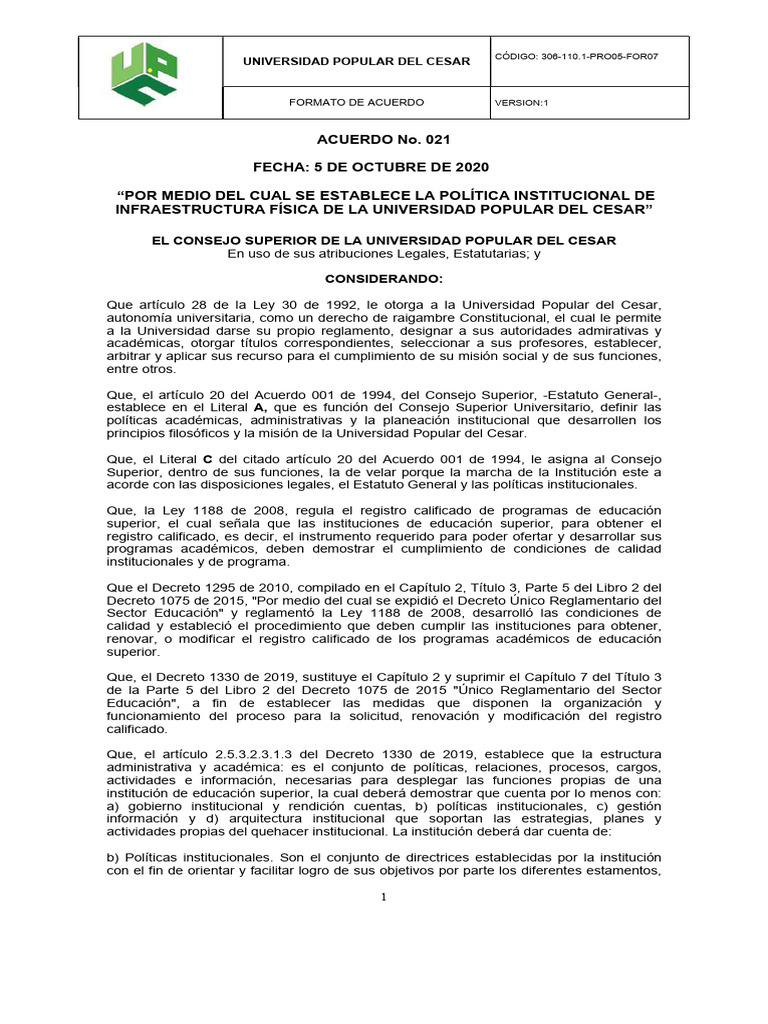 Acuerdo No. 021 Del 5 de Octubre de 2020 Política Institucional de ...